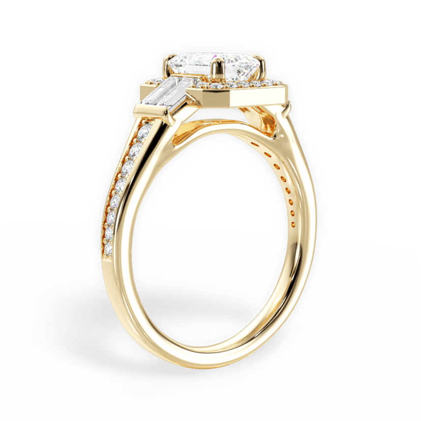 The Ada Emerald Cut 18kt Yellow Gold Baguette Halo Diamond Engagement ...